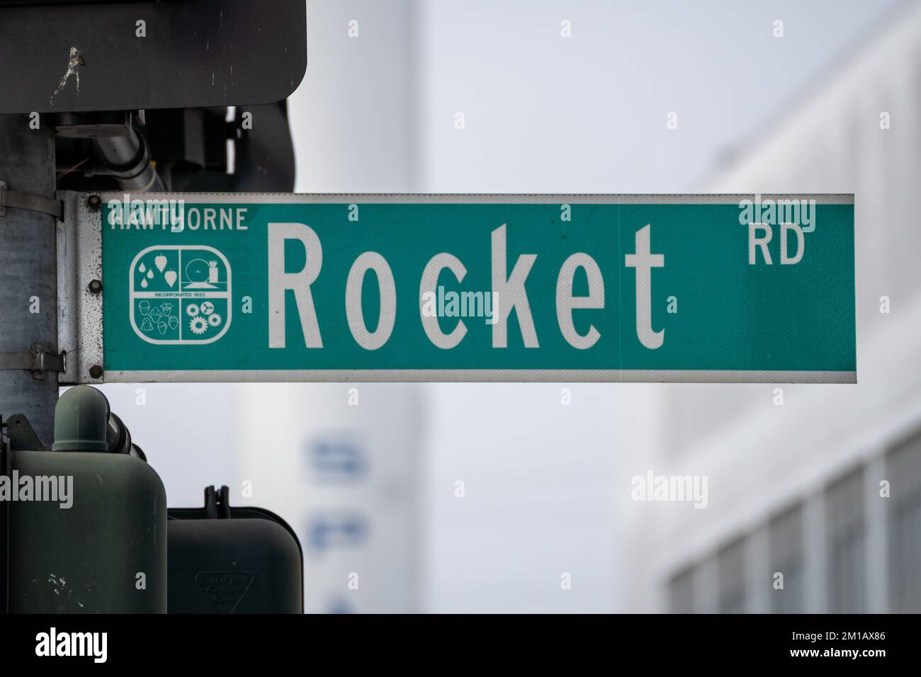 A Rocket road sign in closeup with a blurry background Stock Photo - Alamy