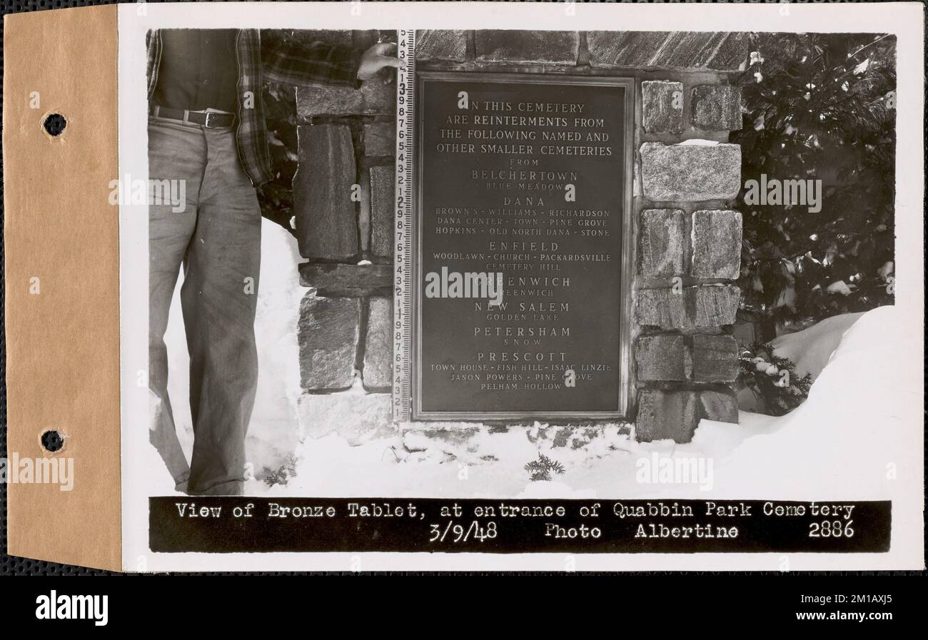 View of bronze tablet at entrance of Quabbin Park Cemetery, Ware, Mass ...