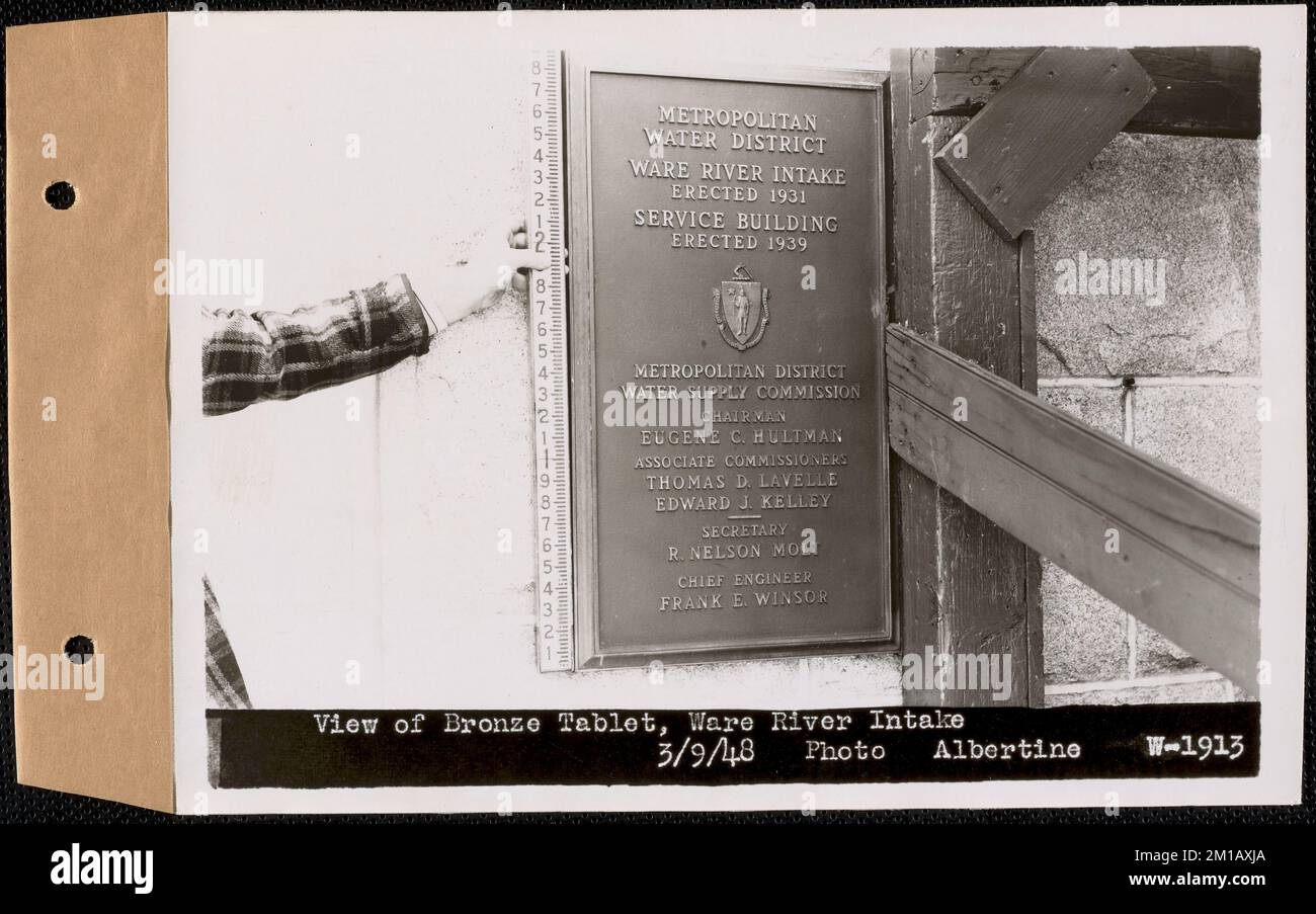View of bronze tablet, Ware River Intake, Barre, Mass., Mar. 9, 1948 ...