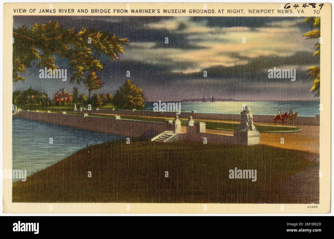View of James River and bridge from Mariner's Museum grounds, at night ...