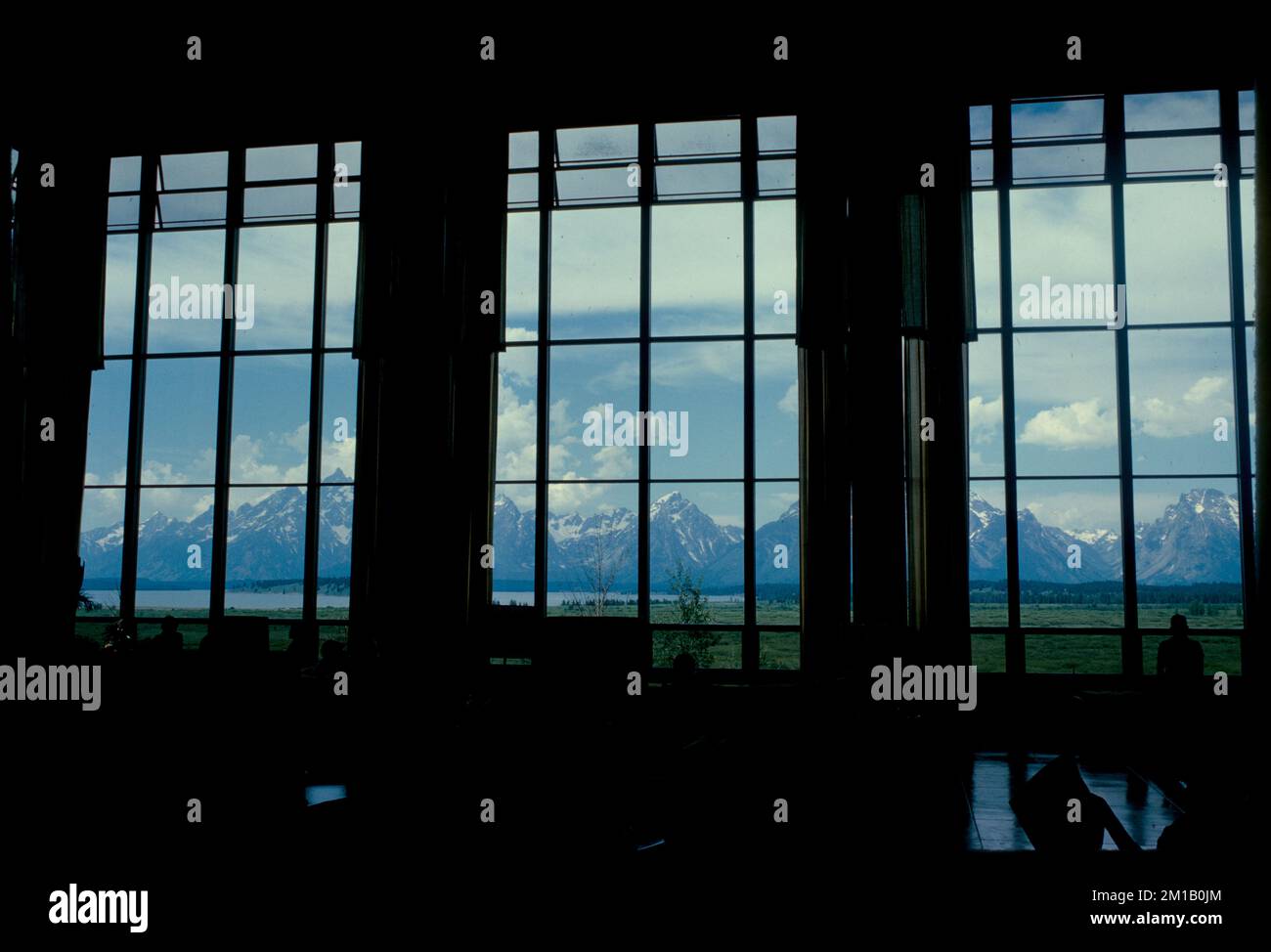 View of mountains through Jackson Lake Lodge windows, Wyoming ...