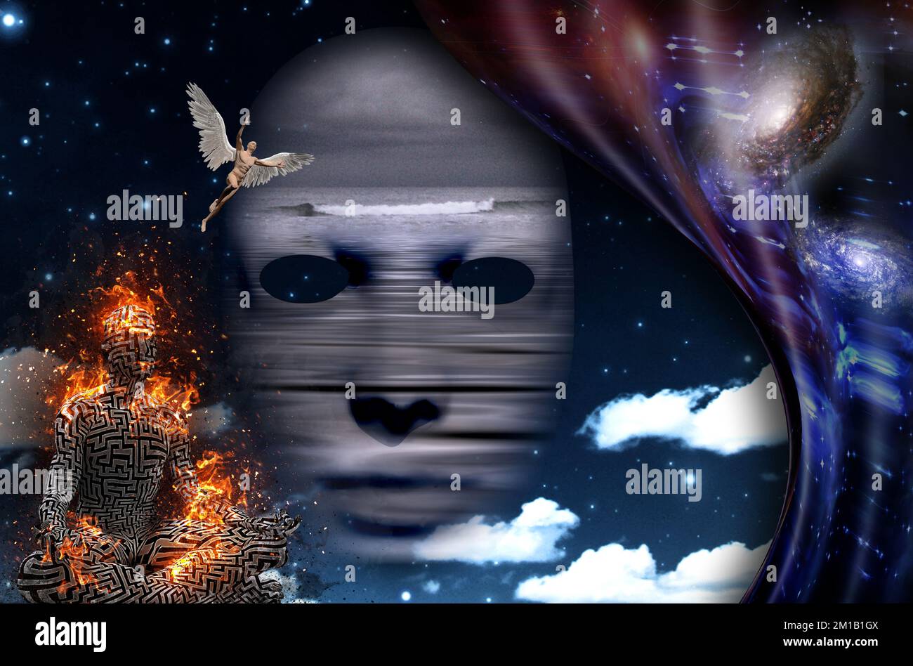 Burning man in lotus pose. Pattern of maze on his skin. Face in the sky ...