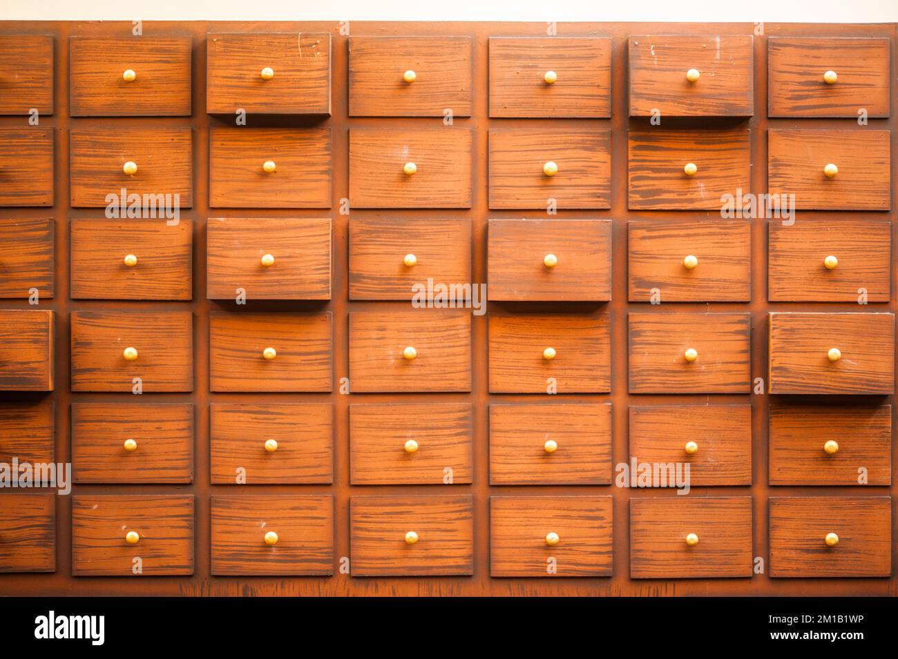 Drawers With Blank Tags In Vintage Furniture Module Stock Photo - Alamy
