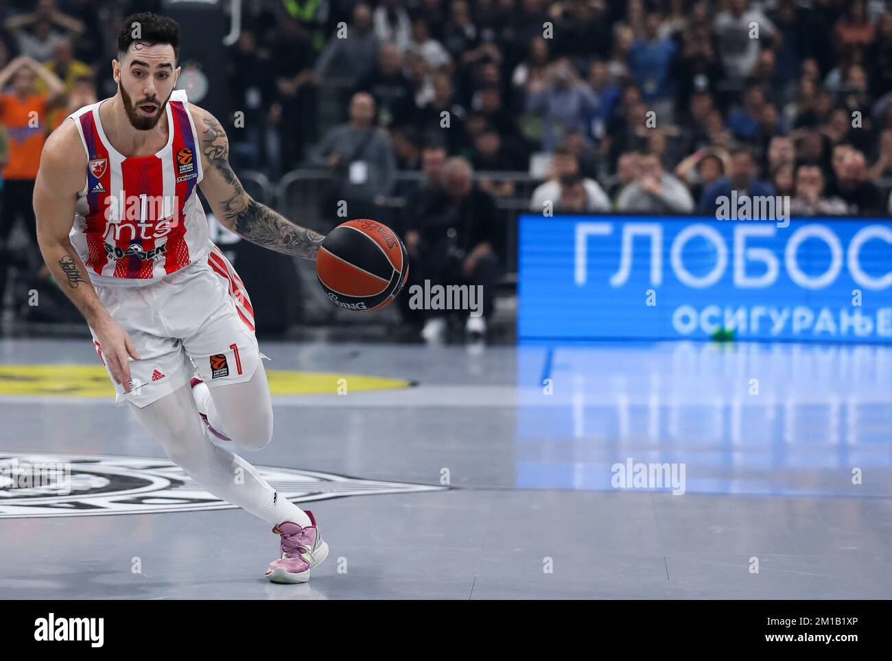 Belgrade, Serbia, 8 December 2022. Luca Vildoza of Crvena Zvezda mts Belgrade drives to the ...