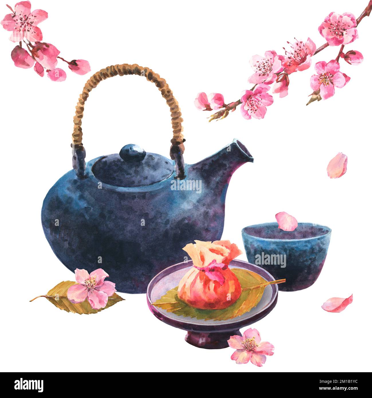 Watercolor illustration of japan tea ceremony, composition of dark blue ...