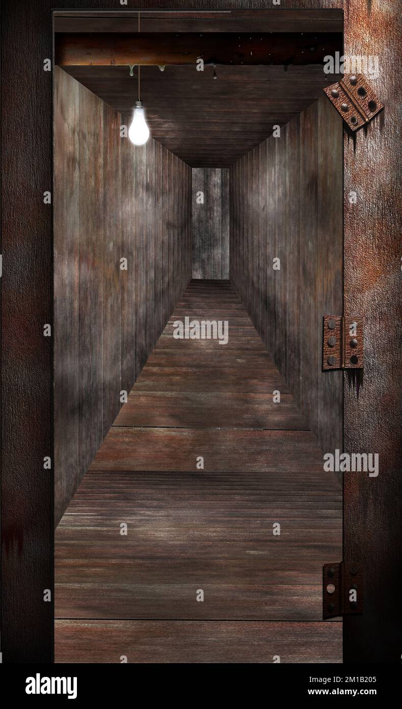 Boken door and dark corridor. 3D rendering Stock Photo - Alamy
