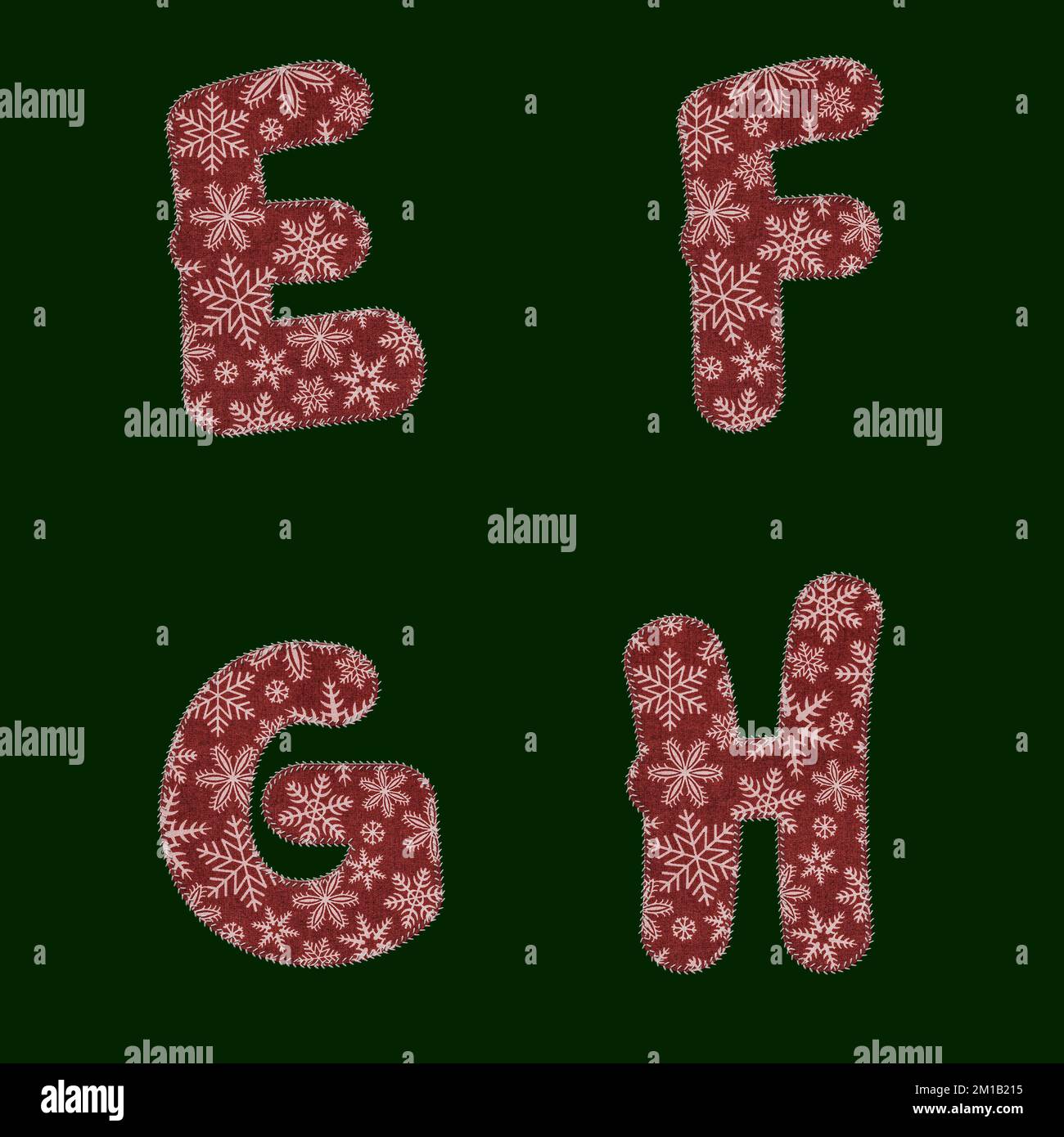 3d rendering of stitched red christmas fabric alphabet - letters E-H ...
