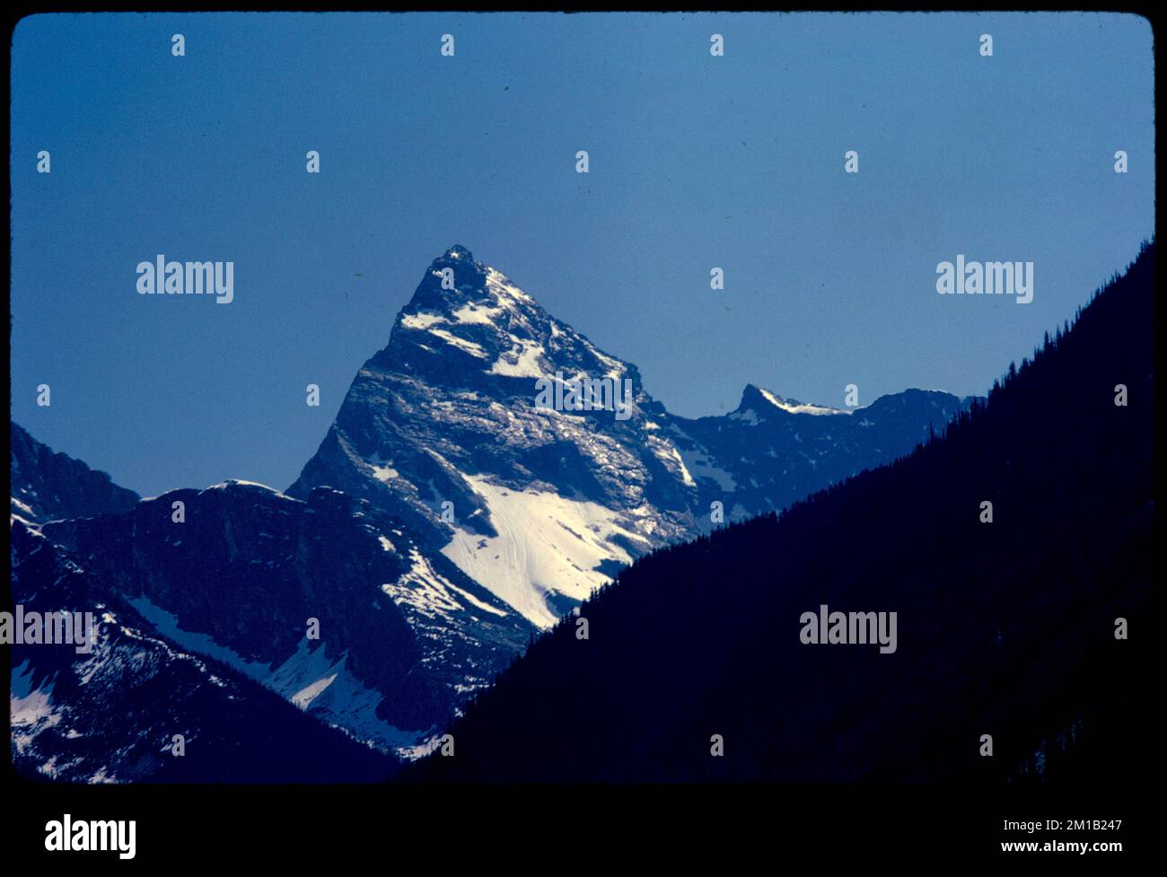 View of steep mountain peak past tree-covered slope, British Columbia ...
