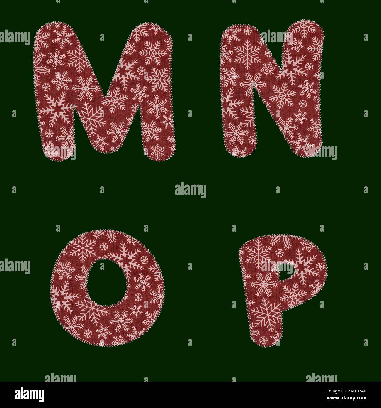 3d rendering of stitched red christmas fabric alphabet - letters M-P ...