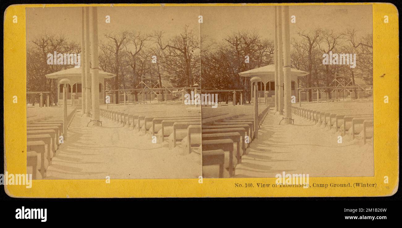View of tabernacle, camp ground. (Winter) , Bandstands, Benches ...