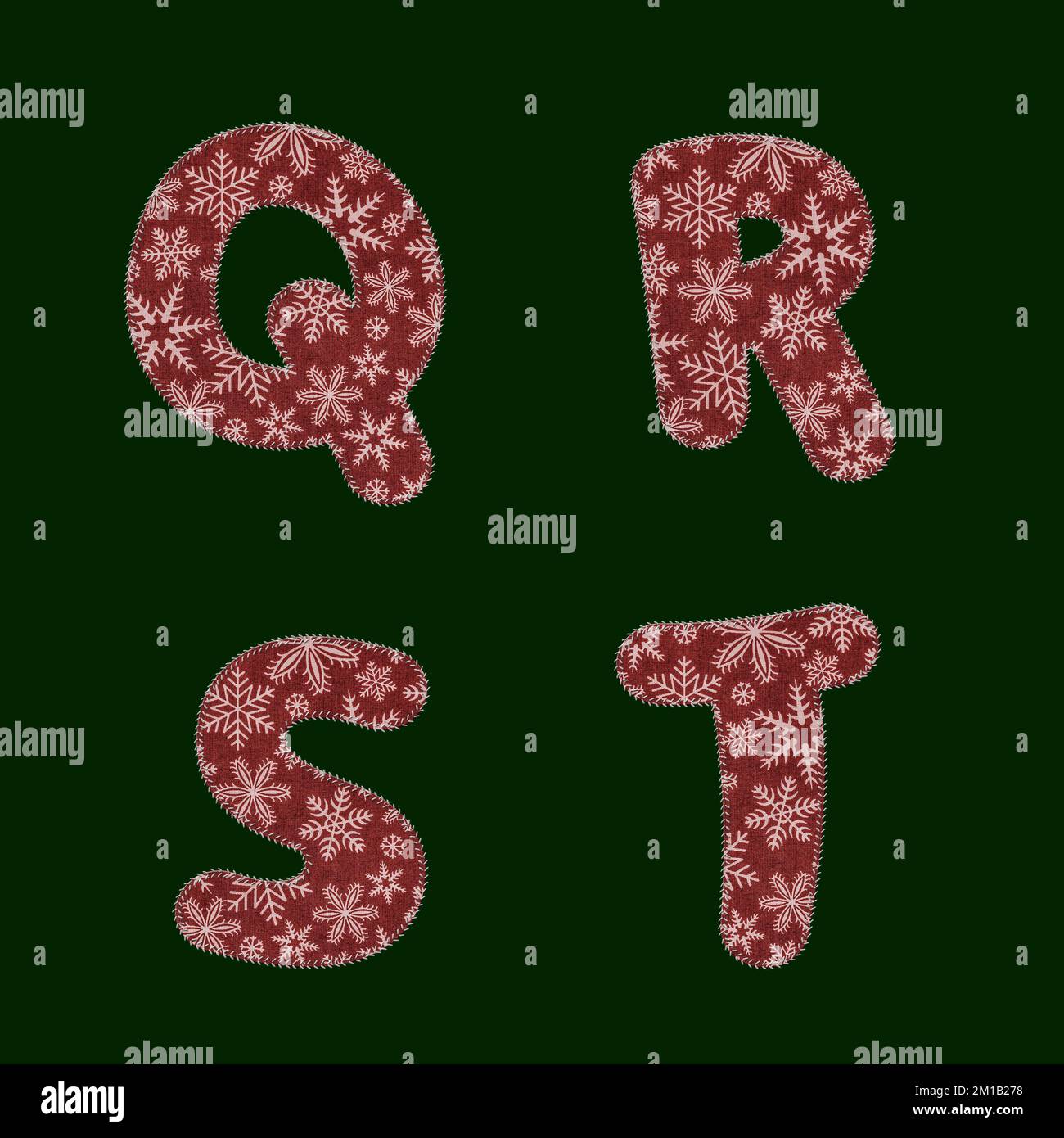 3d rendering of stitched red christmas fabric alphabet - letters Q-T ...