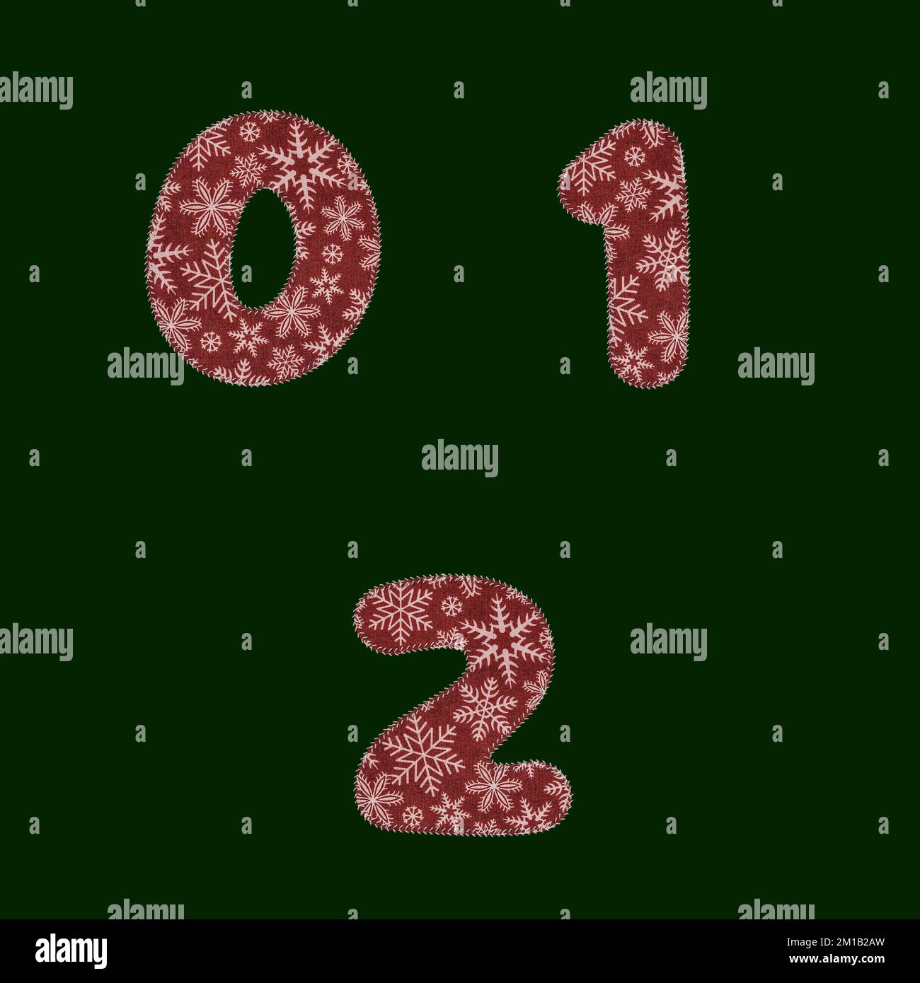3d rendering of stitched red christmas fabric alphabet - digits 0-2 ...
