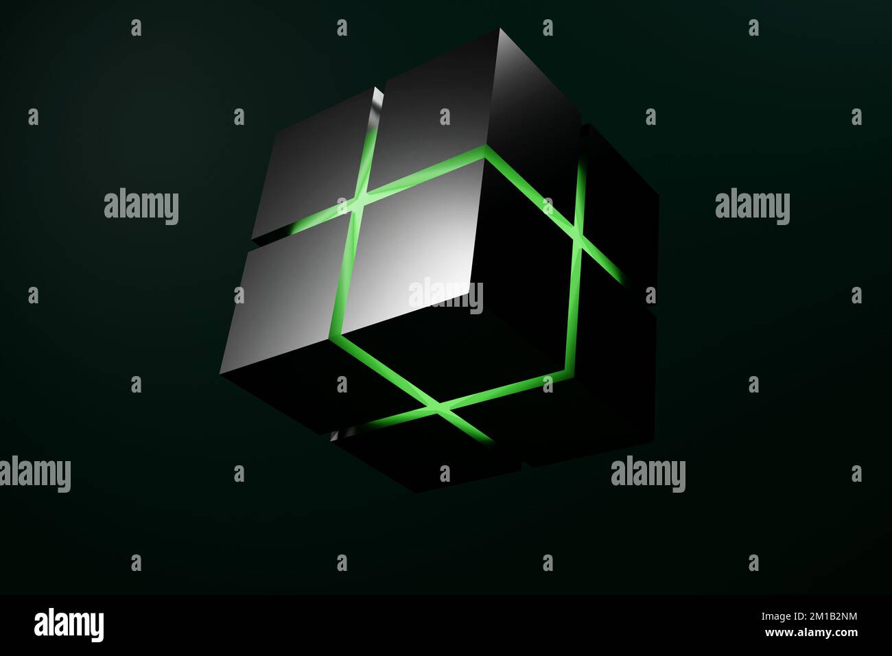 3d render of abstract 3d glowing purple cube wireframe cage around on ...