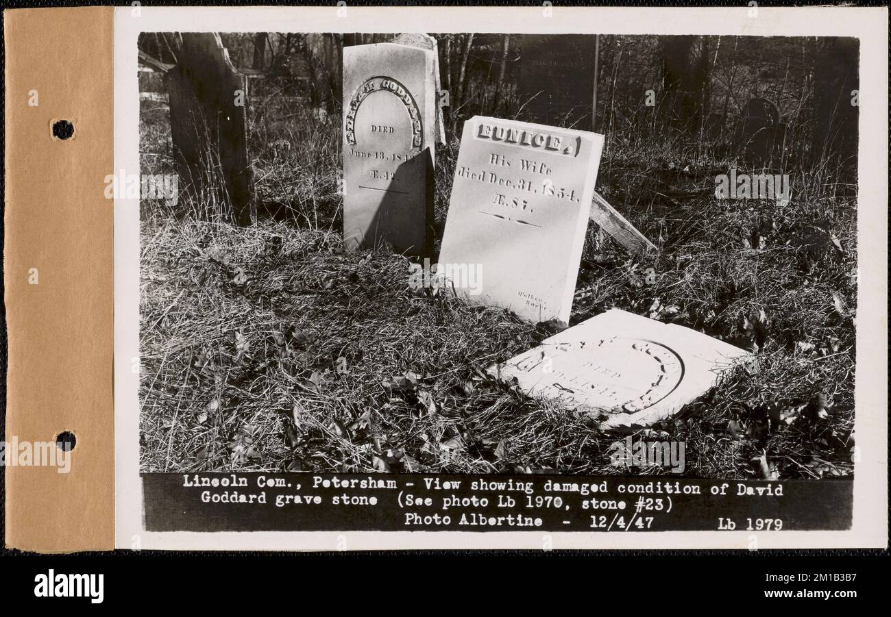 View showing damaged condition of David Goddard grave stone, Lincoln Cemetery, Petersham, Mass ...