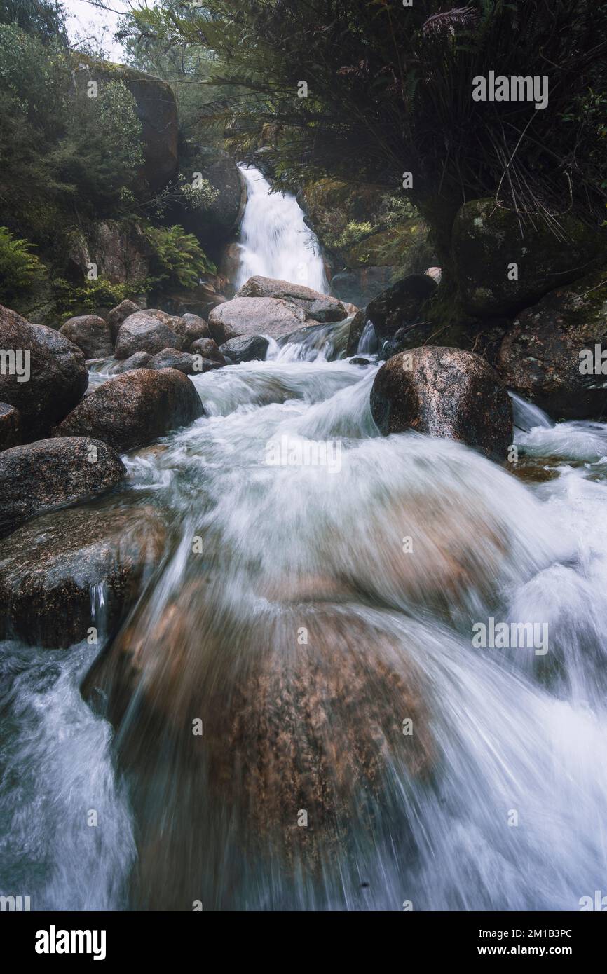 A vertical low-angle of the Ladies Bath Falls with water flowing on ...