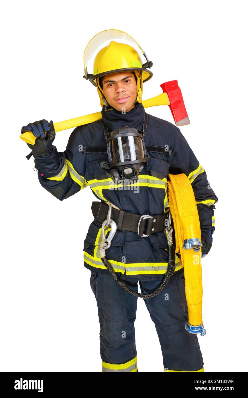 Fireman holds fire hose and axe isolated on white Stock Photo - Alamy