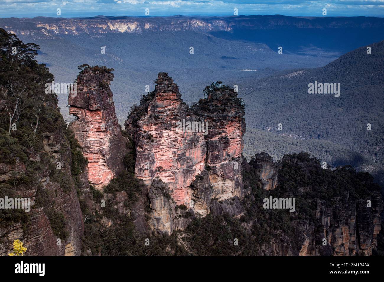 A high-angle of the Three Sisters rock formation in the Blue Mountains ...