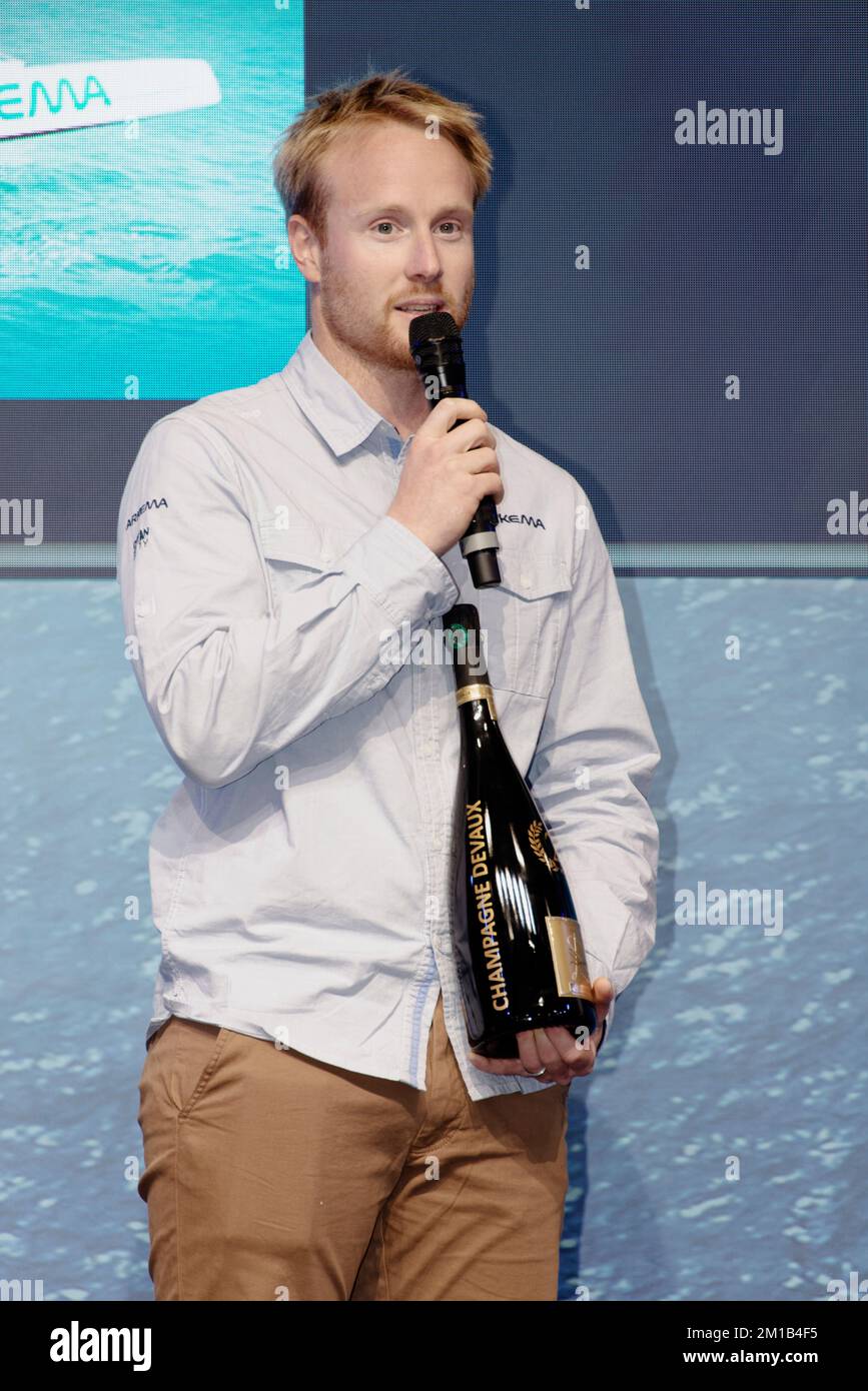 Paris, France. 10th Dec, 2022. Skipper of Arkema, Quentin Vlamynck ...