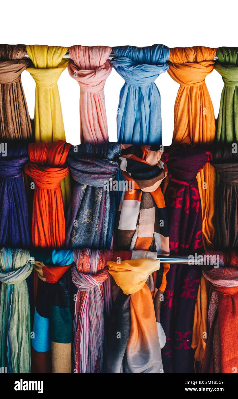 Sale of textiles and fabric on white background on the Turkish market ...