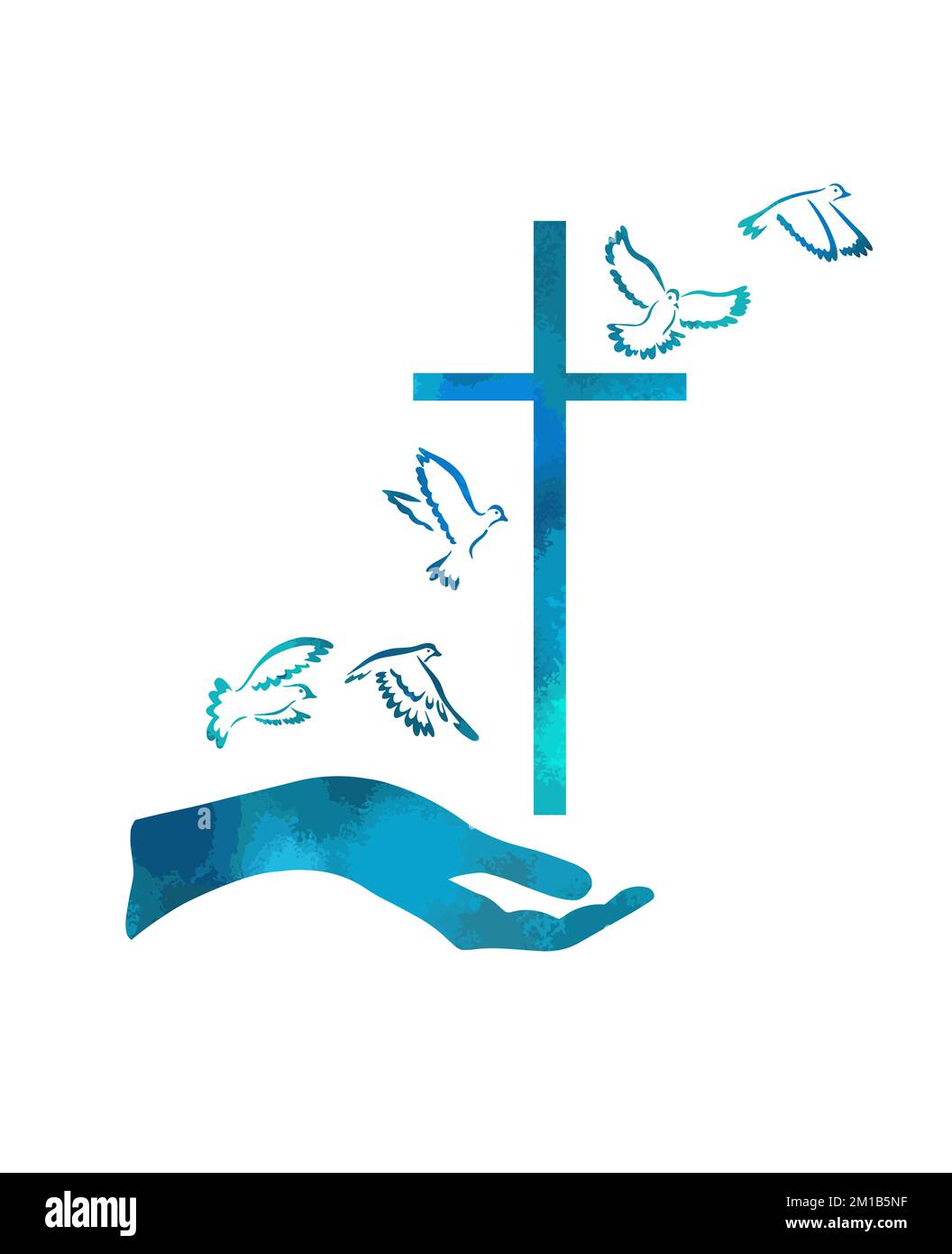 blue religious cross in hand. Flying birds of the world. Vector ...