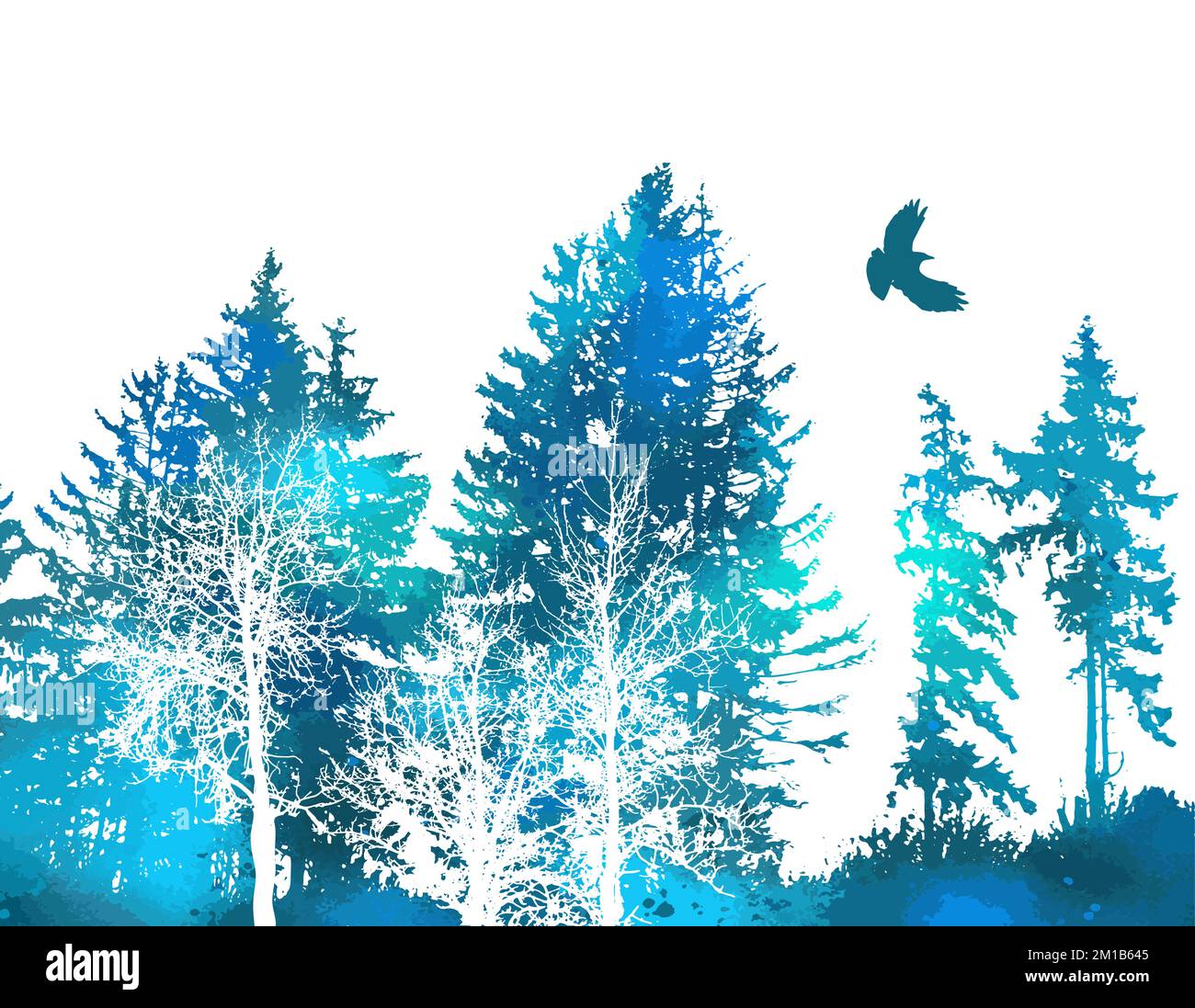 Blue spruce panorama. flying bird in the sky . Vector illustration ...