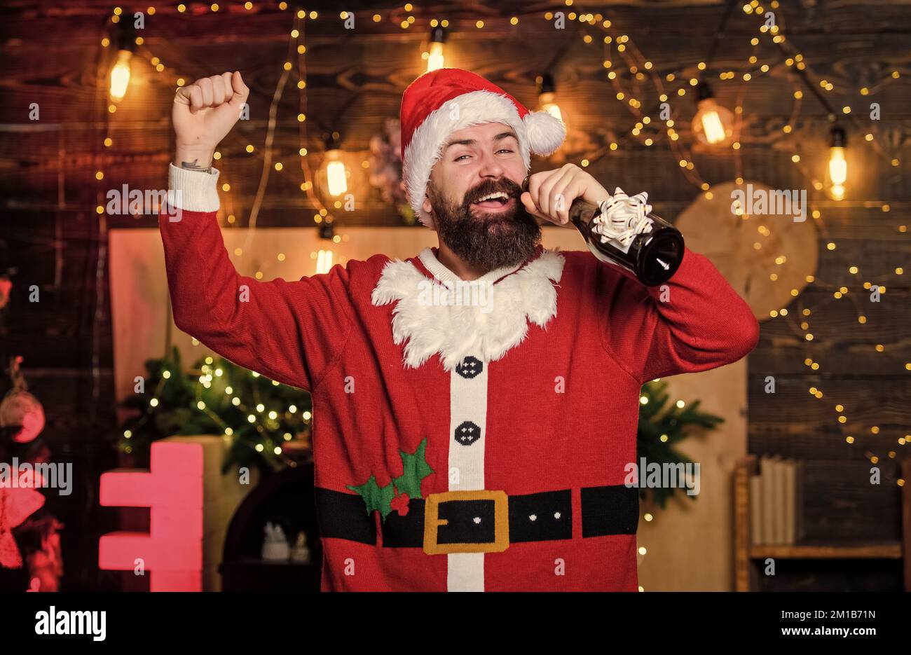 Indulge yourself in joy. Celebration time. Man bearded santa celebrate ...