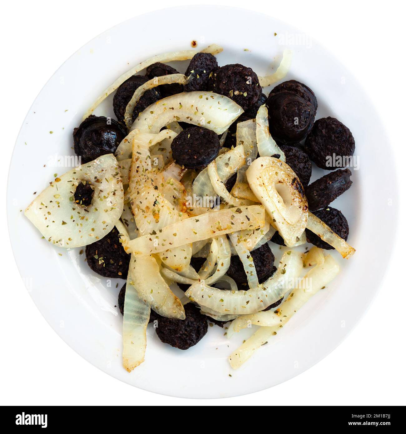 Slices of fried morcilla served with caramelized onions Stock Photo - Alamy