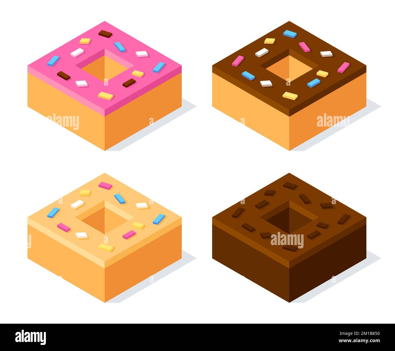 3d isometric cubic donuts set. Pink and chocolate frosting with ...