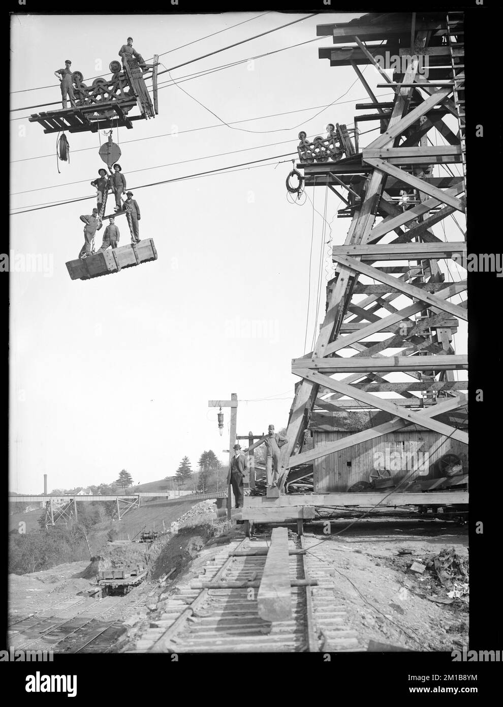 Wachusett Dam, cableway, with viaduct construction in background, left ...