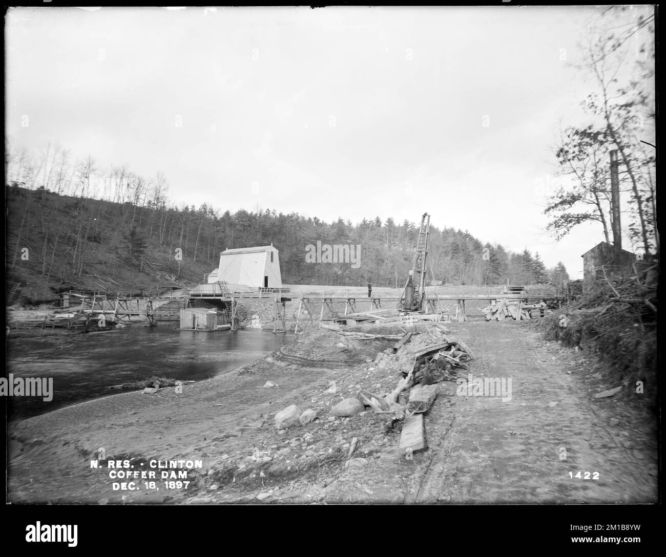 Wachusett Dam, cofferdam above main dam site, from the southwest ...