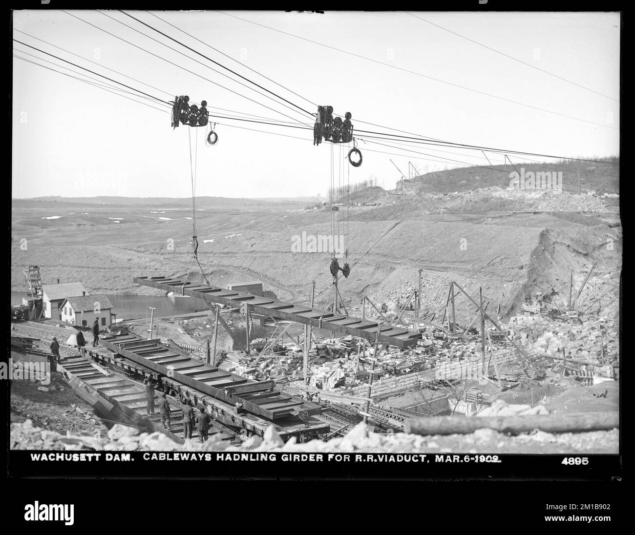 Wachusett Dam, cableways handling girder for railroad viaduct, Clinton ...