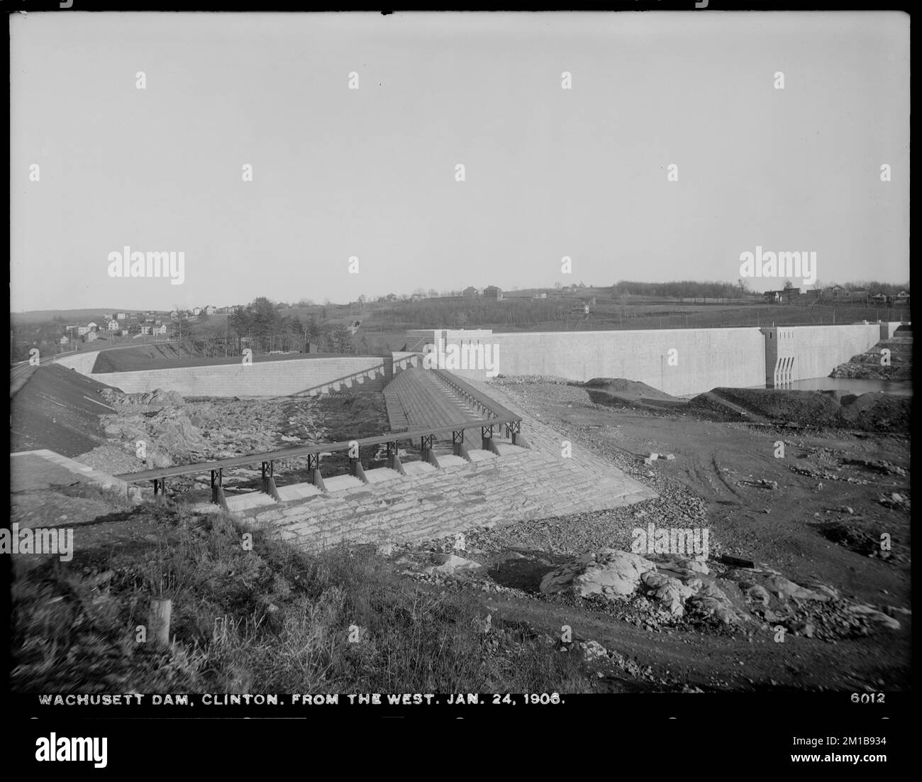Wachusett Dam, dam and appurtenances, from the west, Waste Weir ...