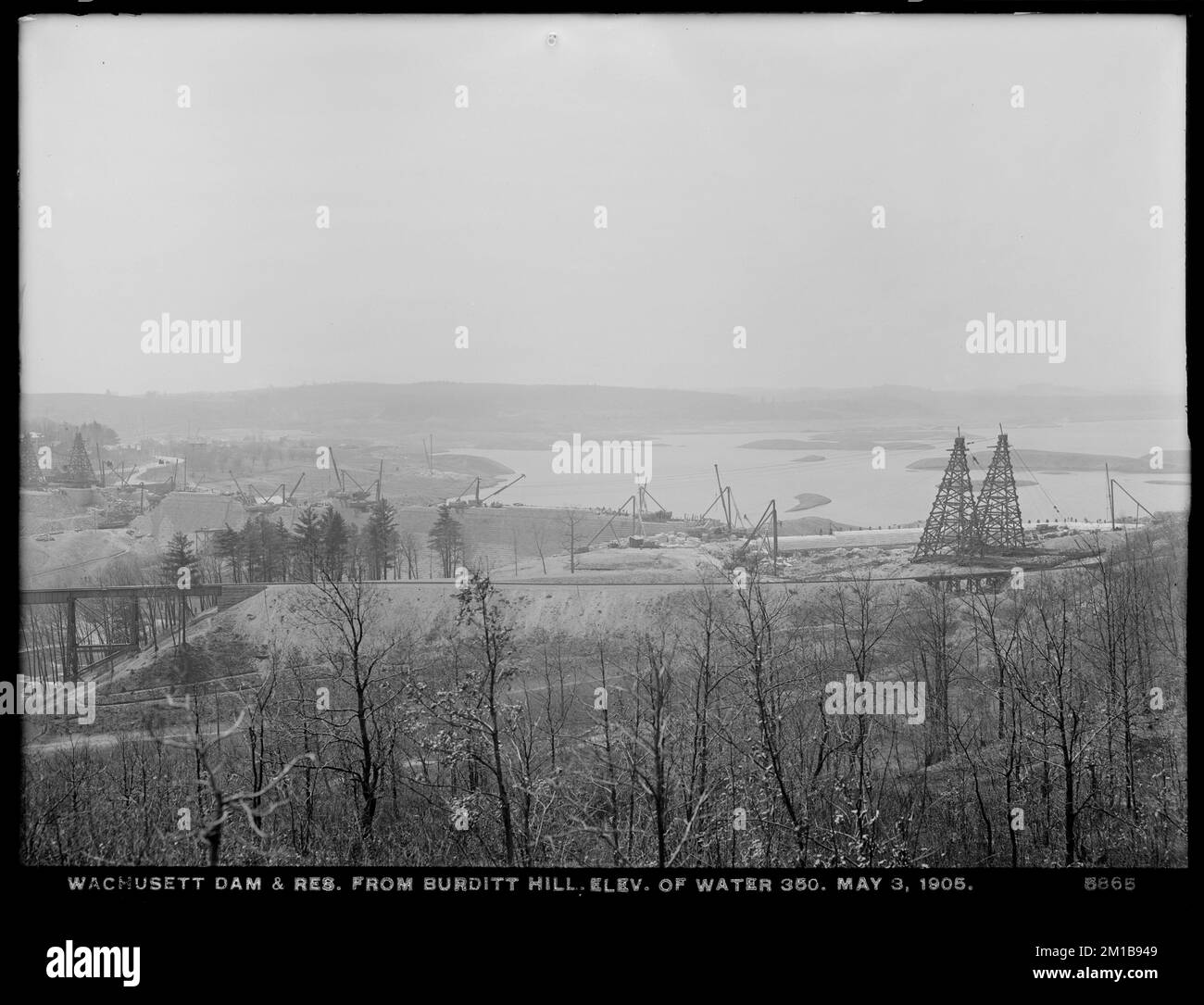 Wachusett Dam, dam and reservoir from Burditt Hill, elevation of water ...
