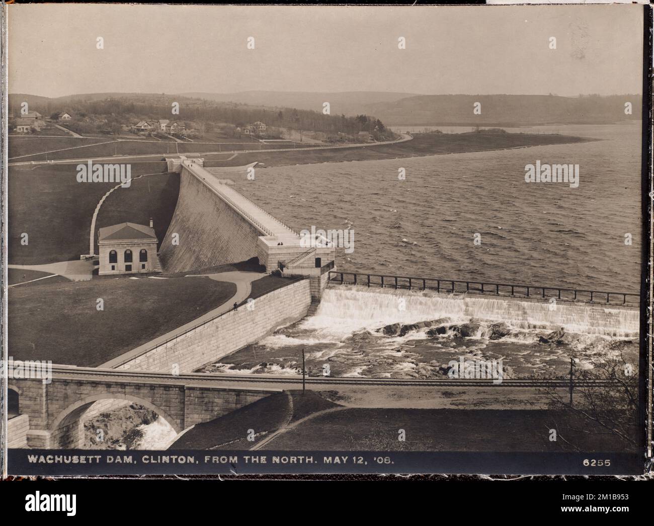 Wachusett Dam, dam, from the north, water flowing over Waste Weir ...