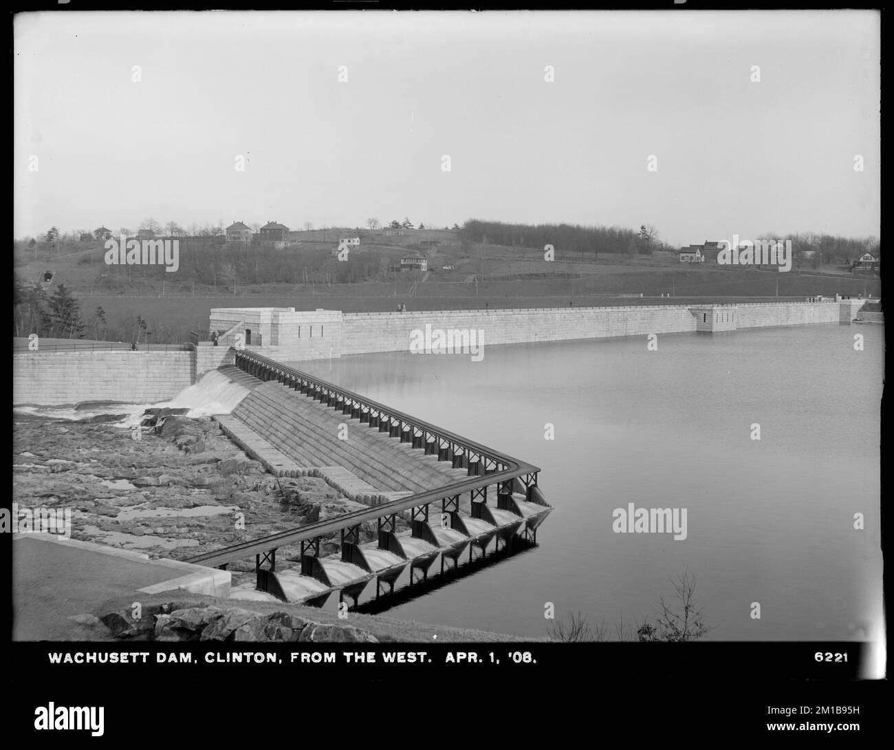 Wachusett Dam, dam, from the west, Waste Weir, Clinton, Mass., Apr. 1 ...