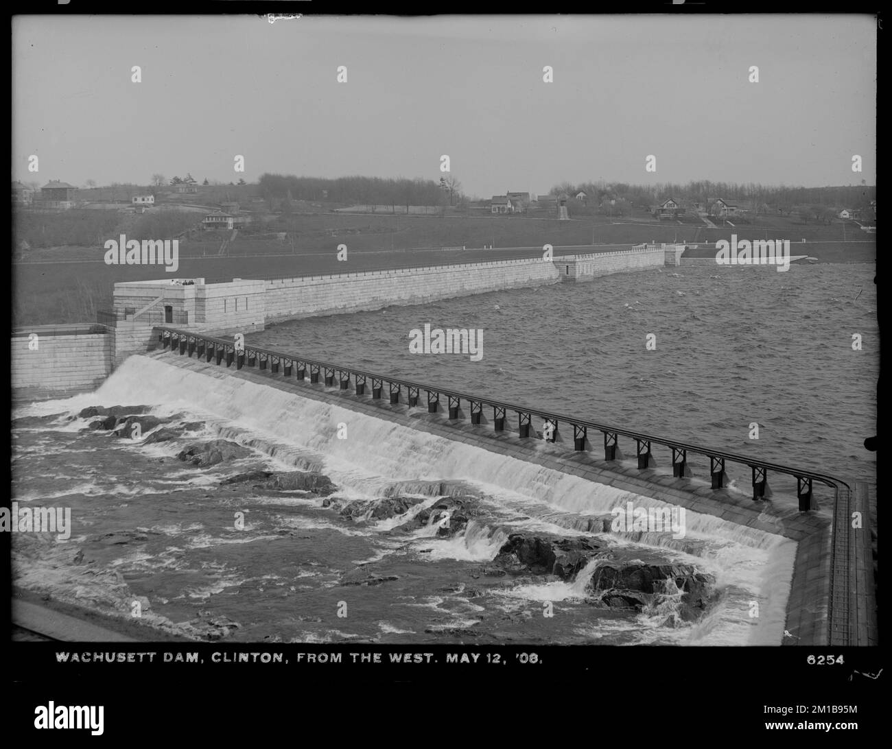 Wachusett Dam, dam, from the west, water flowing over Waste Weir ...