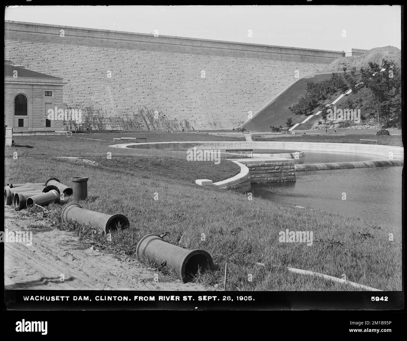Wachusett Dam, dam and westerly hillside, from River Street, Clinton ...