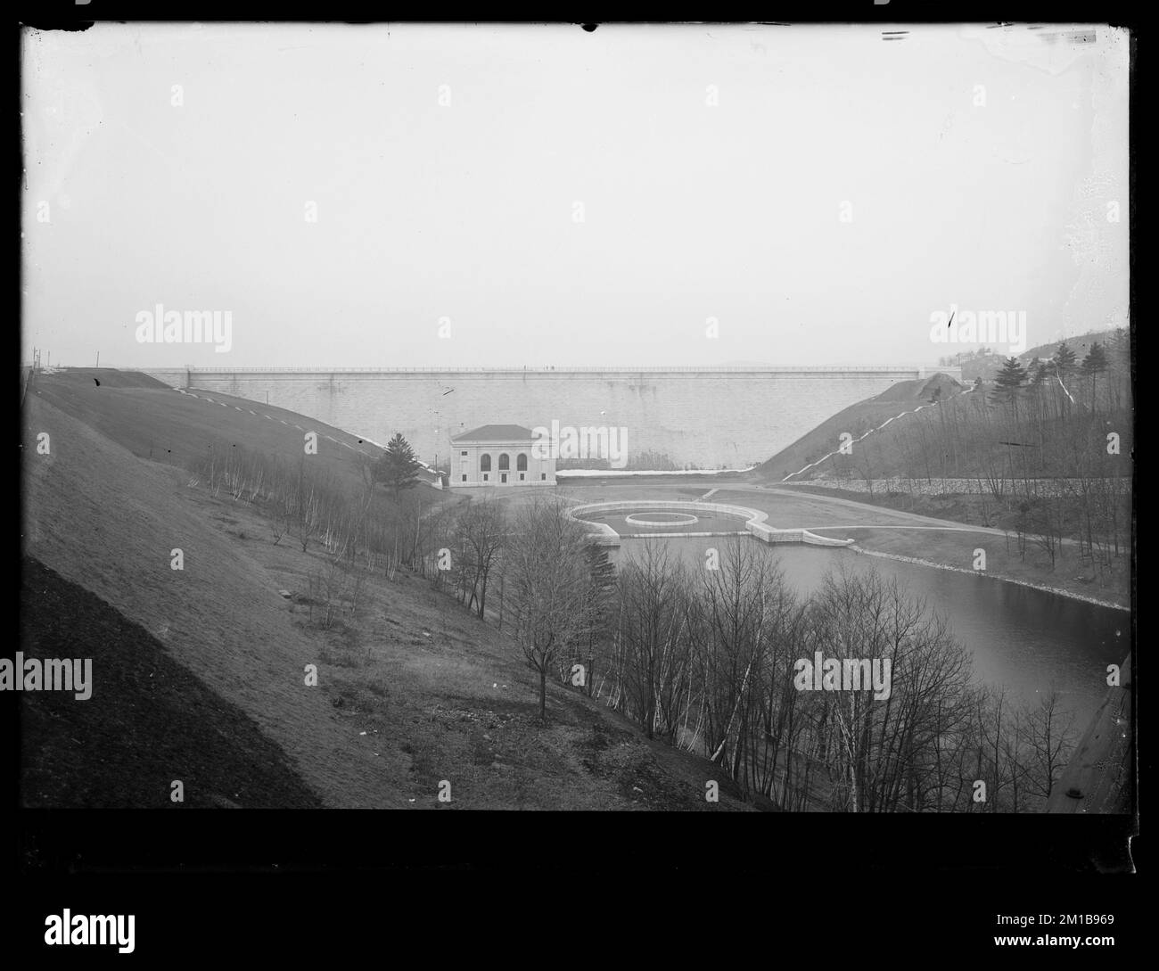 Wachusett Dam, dam, Lower Gatehouse, and grounds, from the northeast ...