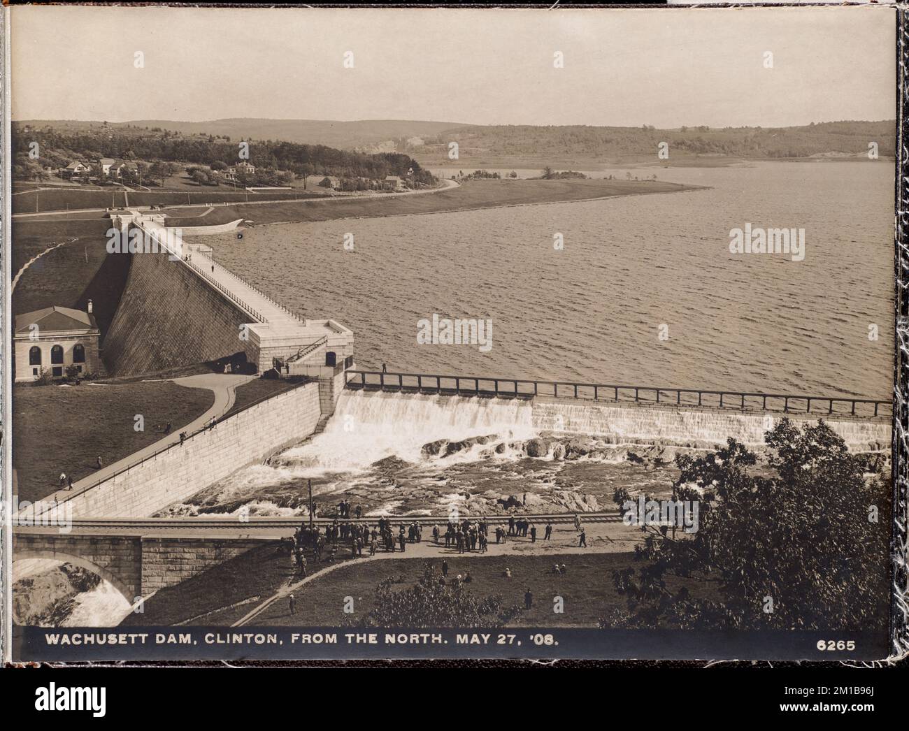 Wachusett Dam, dam, from the north, water flowing over Waste Weir ...