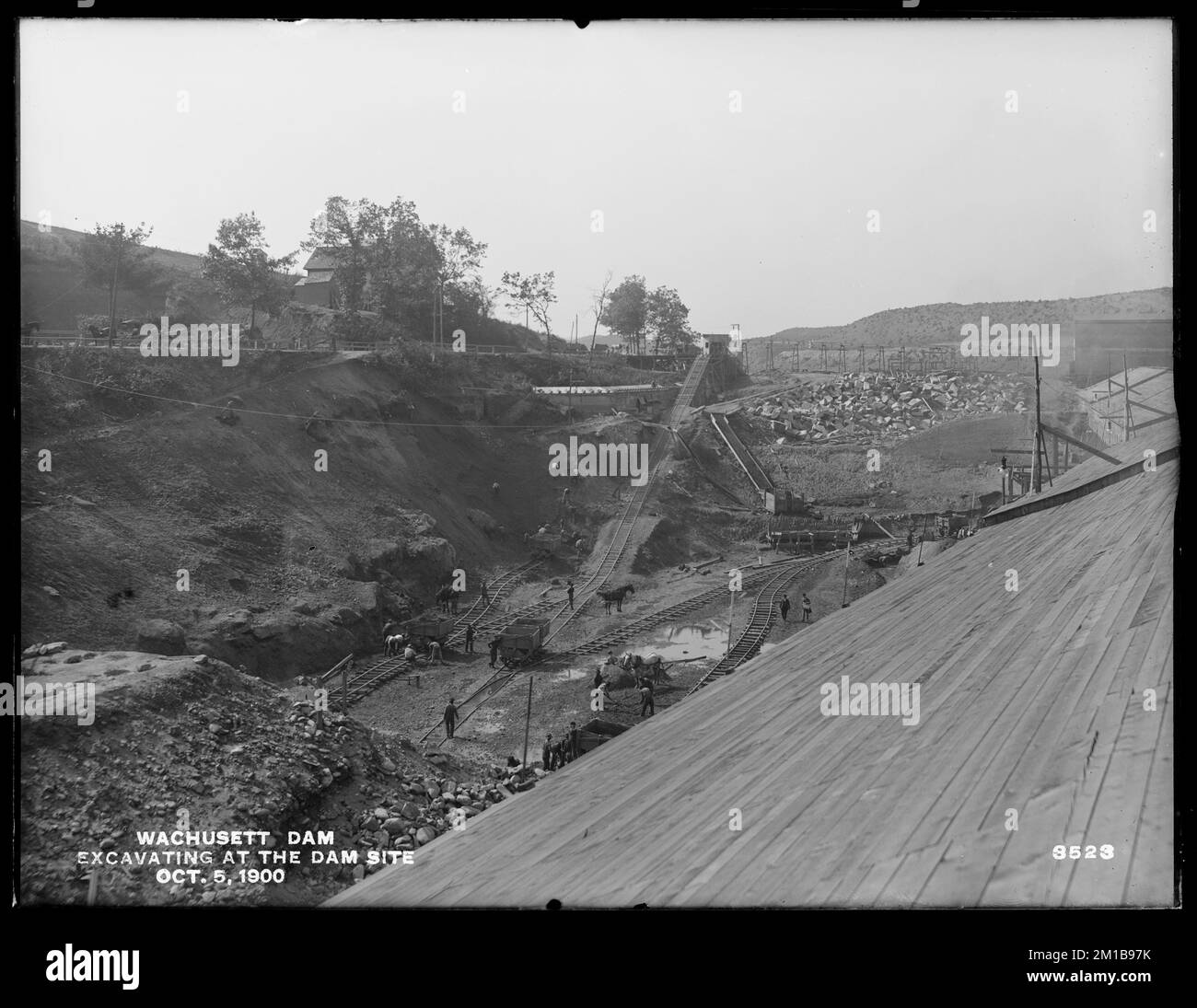 Wachusett Dam, excavating at dam site, looking upstream, Clinton, Mass ...