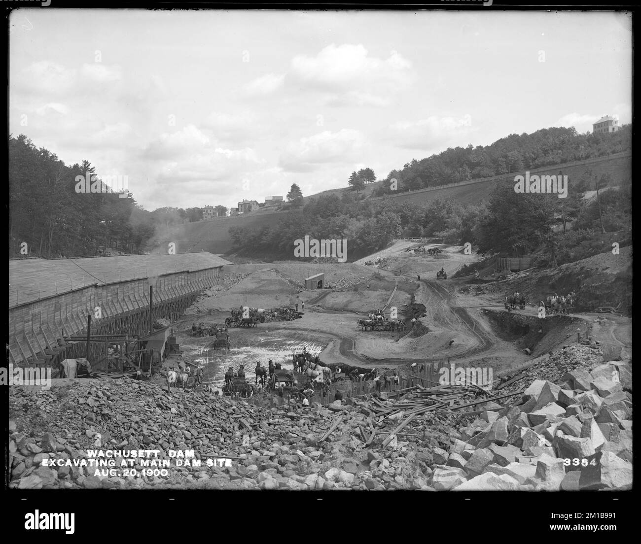 Wachusett Dam, excavating at main dam site, looking downstream, Clinton ...
