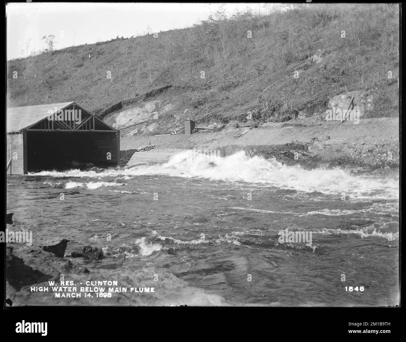Wachusett Dam, high water below main flume, from the east, Clinton ...