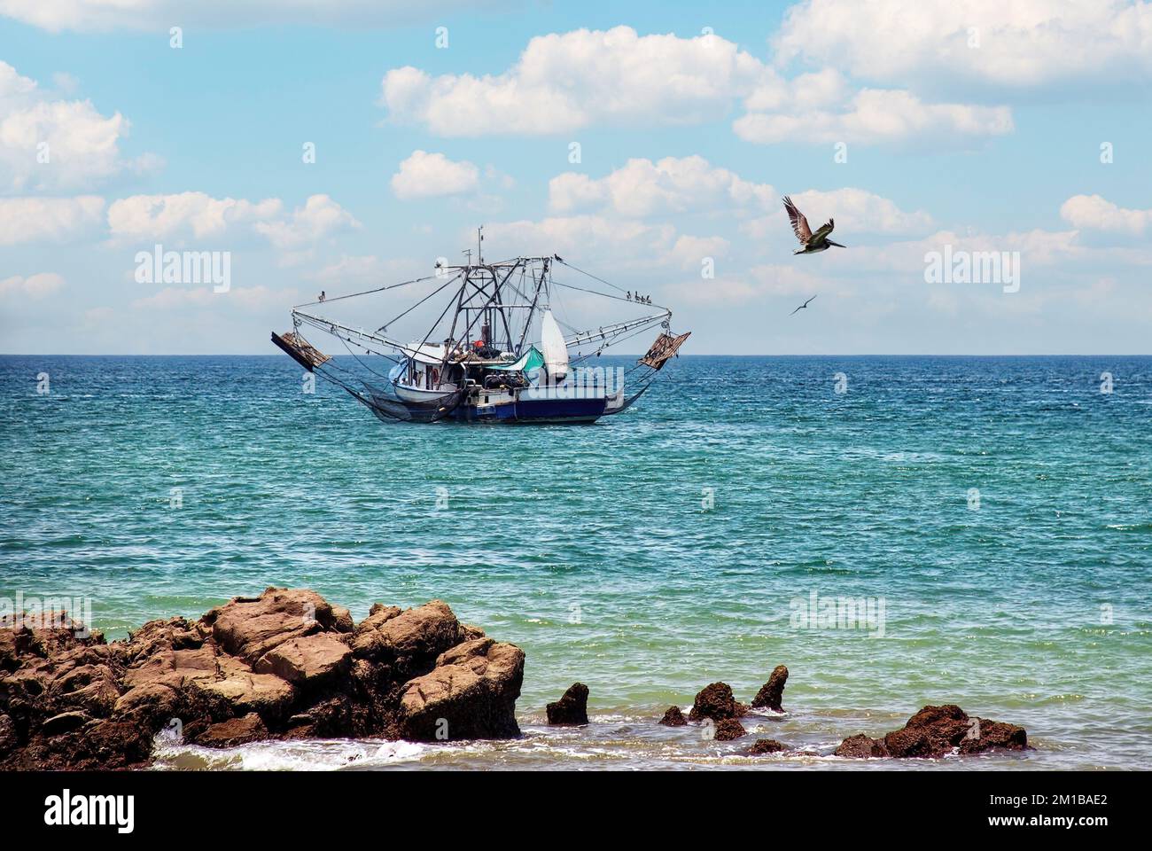 Fishing boat off Pacific Ocean in Costa Rica and pelican flying in air ...