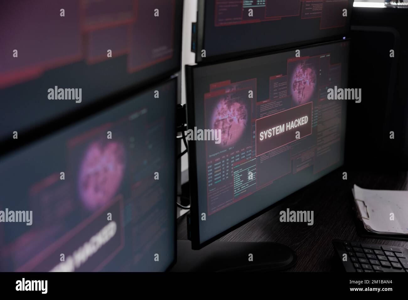 Security Breach Error And Cyber Crime Attack Flashing On Computer Monitor In Empty It Data Big