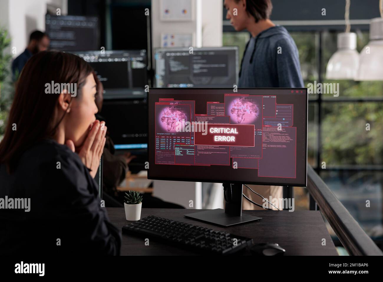 Shocked Programmer Typing Html Code Encountering Hacking Alert On Computer Dealing With