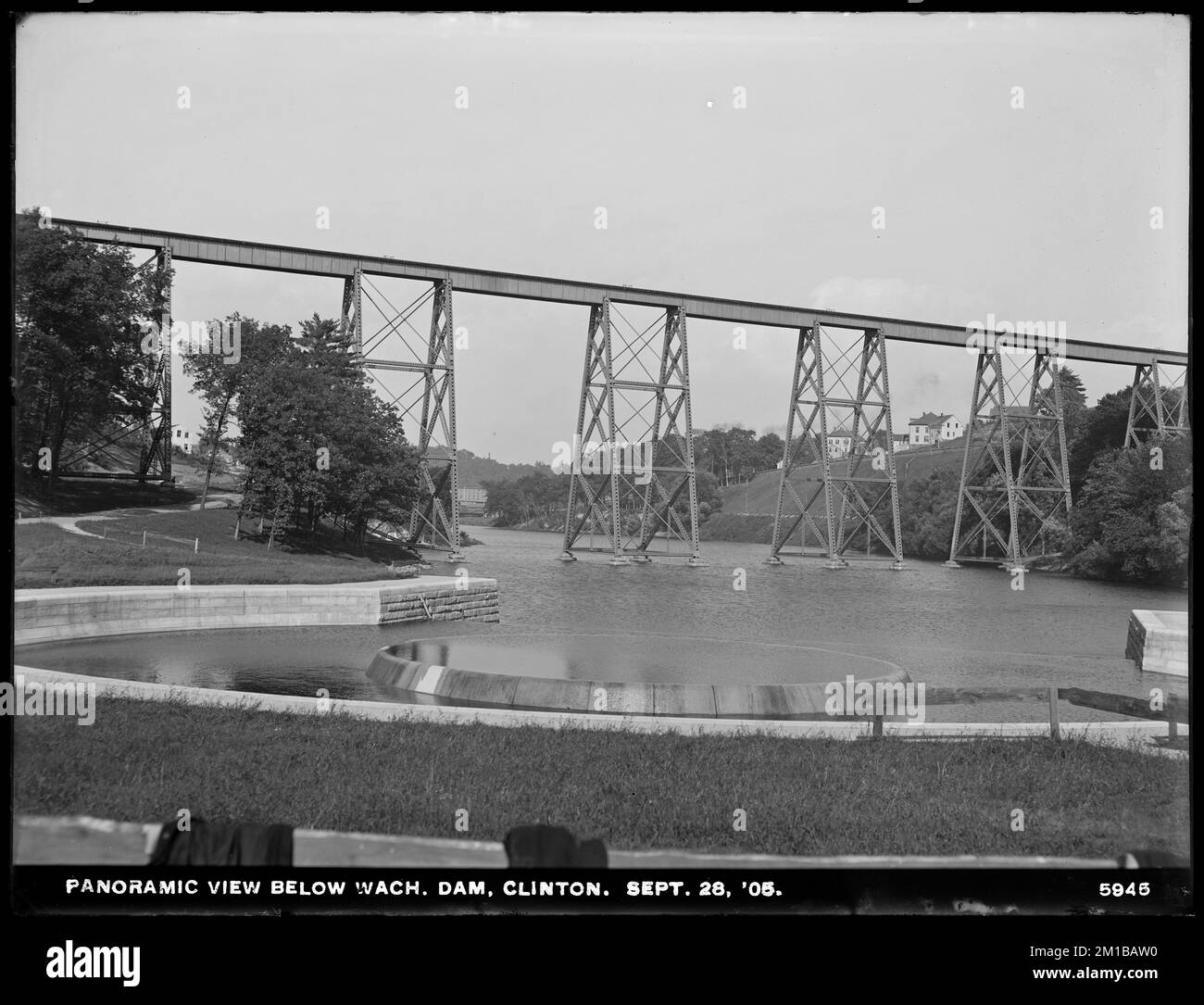Wachusett Dam, panoramic view below dam, Pool and viaduct, Clinton ...