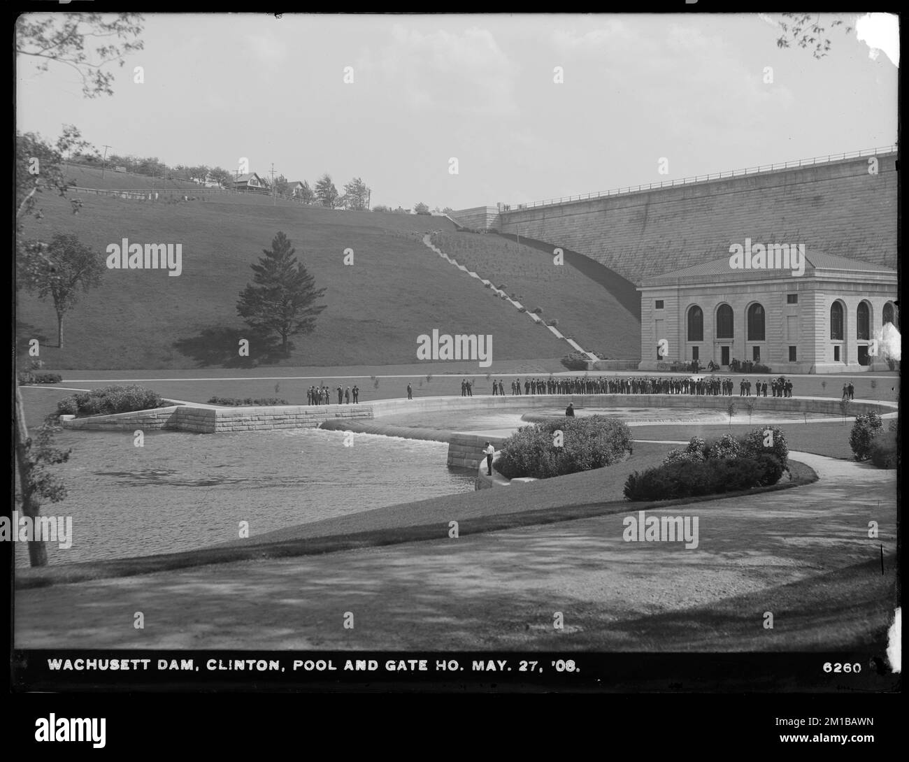 Wachusett Dam, pool and Lower Gatehouse, looking towards east hillside ...