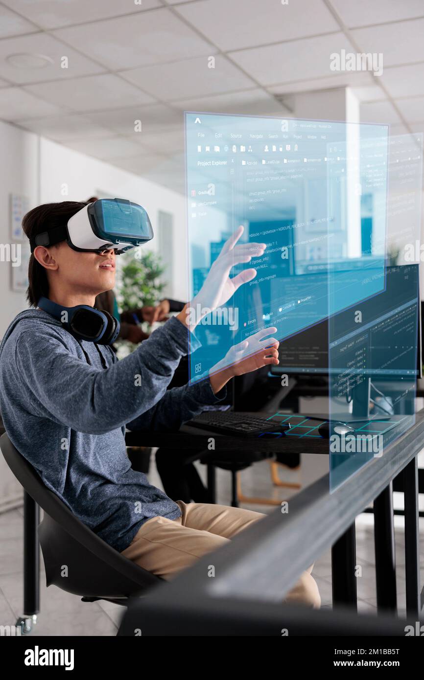 System Engineer Writing Html Code And Using Holographic Program With Augmented Reality