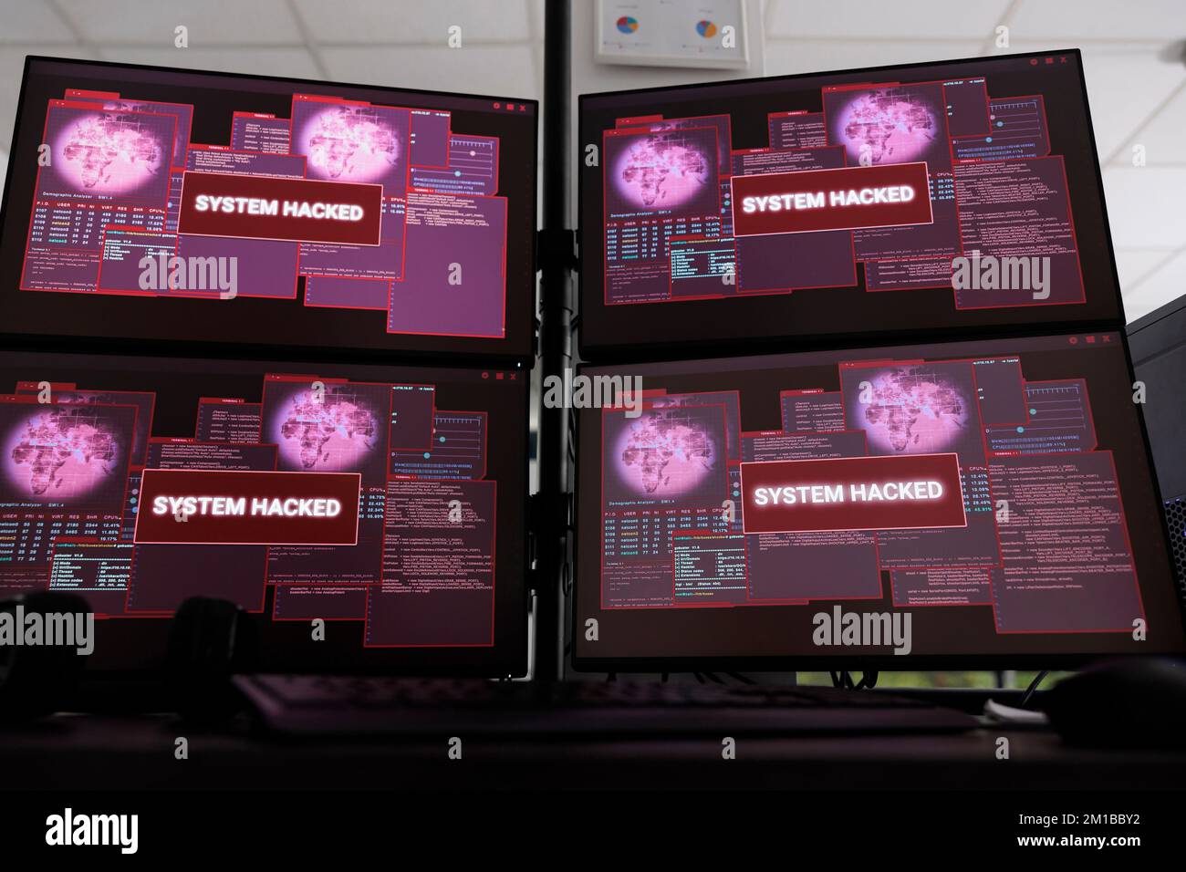 Computers displaying hacked system alert message flashing on monitor ... Computers displaying hacked system alert message flashing on monitor ...