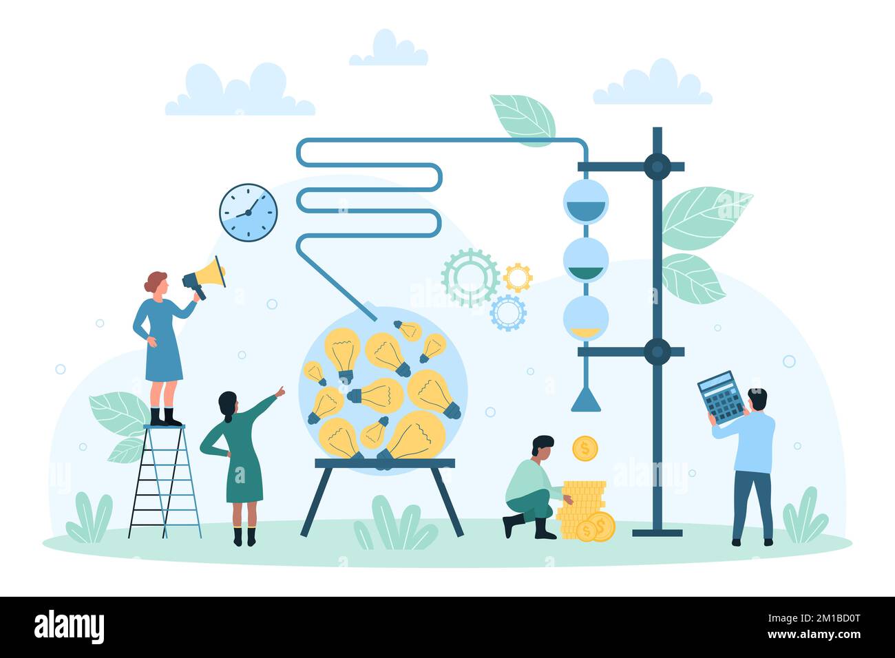 Idea funnel vector illustration. Cartoon tiny people work with creative ...